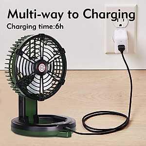 RUNTOP Portable Battery Operated Fan with LED Lantern, 7 inch Foldable Personal Desk Fan, Outdoor Small Rechargeable Quiet Camping Fan, Cooling Table Fan with Hanging Hook for Tent, Bedroom, Office