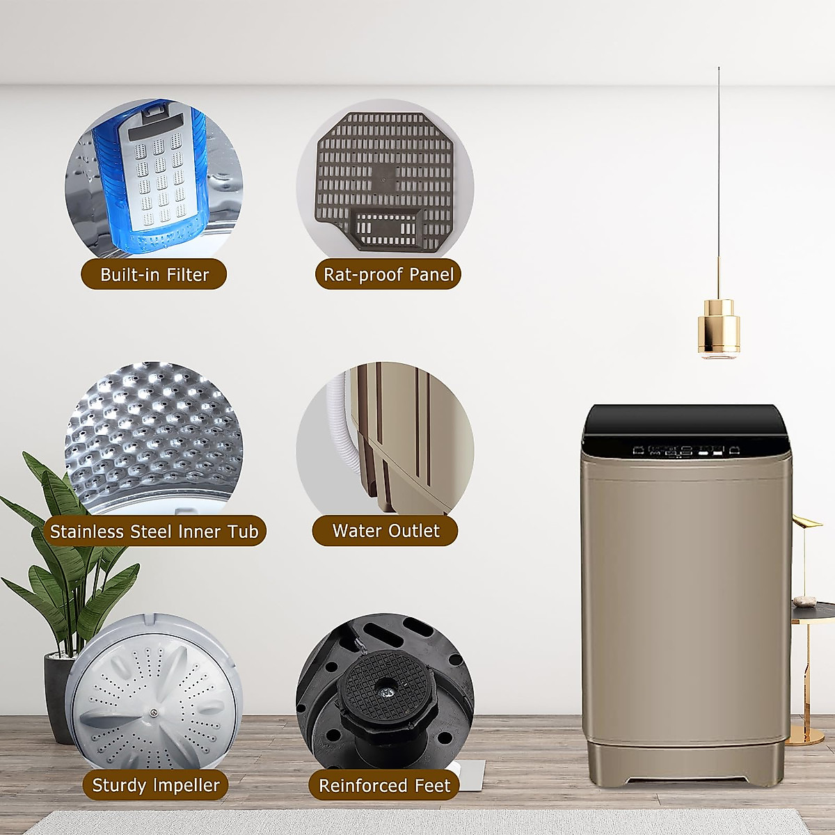 AXUTL Washing Machine Washer Machine 1.25cu.ft Apartment Dorm Laundry Compact Portable Washer Gold Full Automatic, 8 Water Levels, 10 Wash Programs