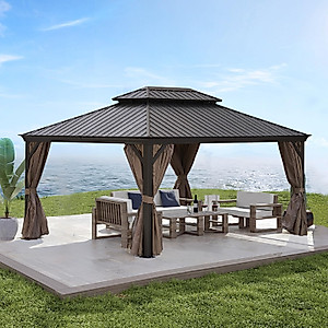 12’ X 12’ Hardtop Gazebo Double Roof Galvanized Steel Combined of Vertical Stripes Canopy Outdoor Aluminum Frame Patio Permanent Metal Pavilion with Nettings and Curtains for Deck Backyard Lawn Garden