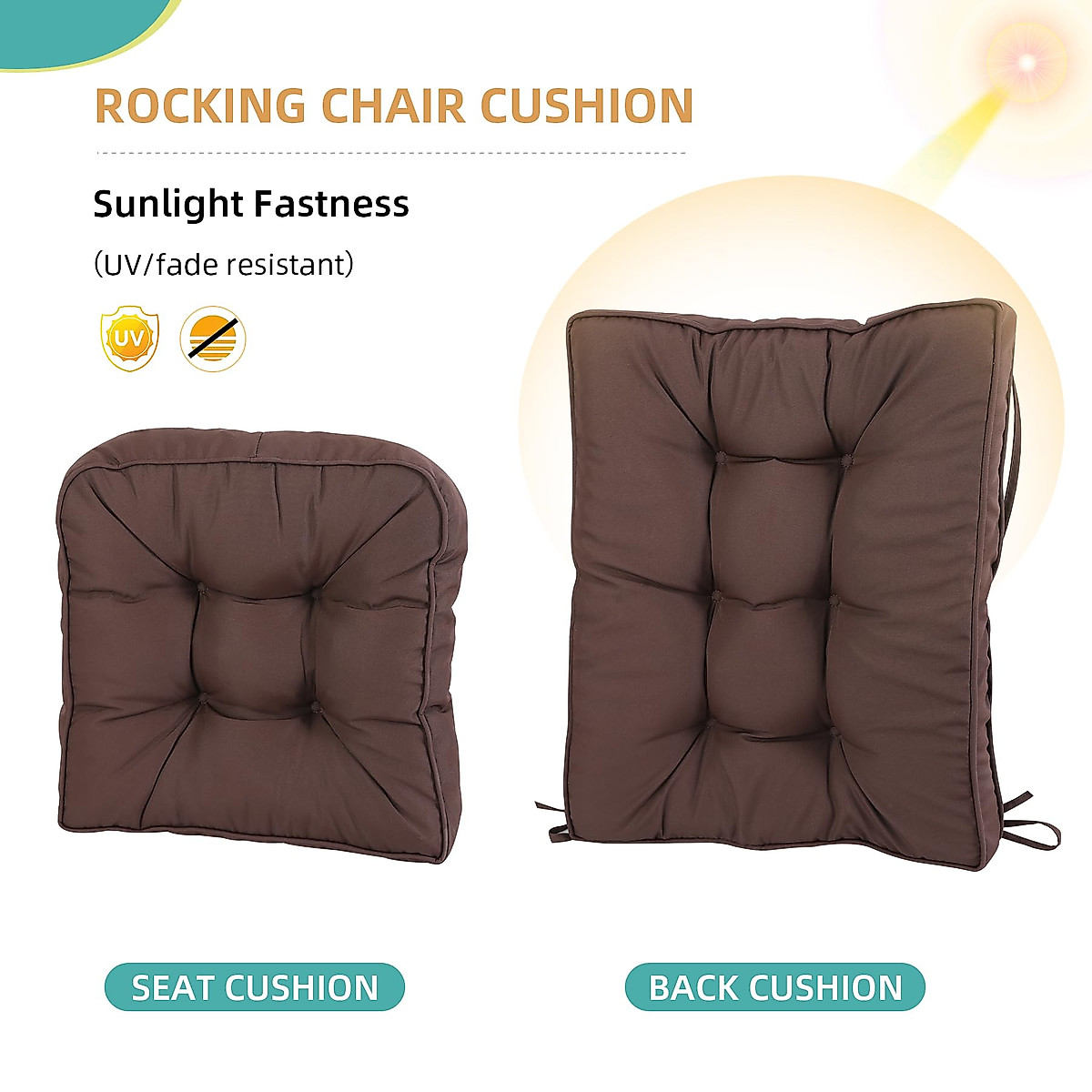 RACE LEAF Rocking Chair Cushion High Back, Non-Slip Patio Chair Cushions Set of Seat & Back Cushion with Ties for Indoor/Outdoor Rocker, Rocking Chair Pads with Memory Foam, Brown
