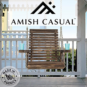 Amish Casual Heavy Duty Roll Back Pressure Treated Swing Chair with Cupholders (Dark Walnut Stain)