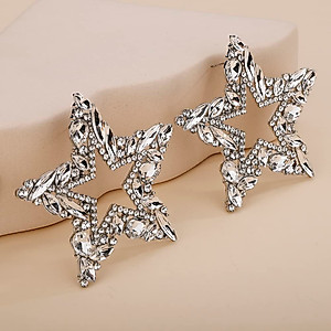 Denifery Fashion Star Stud Earrings Full Crystal Rhinestone Star Dangle Drop Earrings Bling Sparkly Earrings for Party Wedding for Women (Silver)