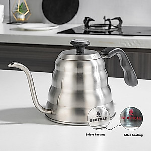 BERTILLE Gooseneck Coffee Kettle Tea Kettle with Thermometer 40 fl oz/1200 ml, premium stainless steel kettle body and ergonomic handle + 1.1 oz coffee bean storage canister(Black)
