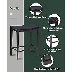 KATDANS Black Bar Stool Counter Height 24 Inches Backless Barstool for Kitchen Counter Modern Saddle Stool Velvet Nailhead Upholstered Faux Leather Stool, KS718PBK, 1Pc