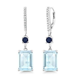 Gem Stone King 17.60 Ct Octagon Checkerboard Sky Blue Topaz Blue Sapphire 925 Silver Dangle Earrings
