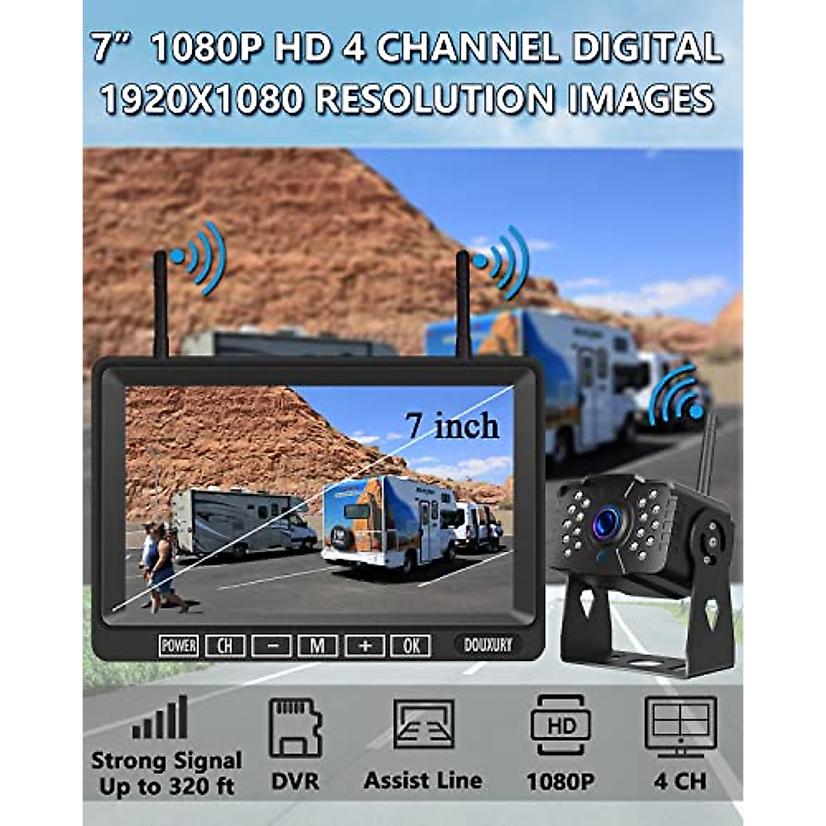 RV Wireless Backup Camera, DOUXURY IP69 Waterproof 170° Wide View Angle HD 1080P Backup Camera + HD LCD 7" Monitor, Digital Wireless Backup Camera System for Truck 5th Wheel Trailer Pickup Camper Bus