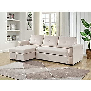 Legend Vansen 91" Wide Reversible Sofabed Sectional Sofas with Chaise，Velvet Storage L-Shape Twin Size for Living Room Couch Sleeper, Cream