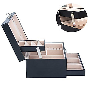 Jewelry Box Organizer Three-Layers Leather Jewelry Display Case Retro Lock Mirror (Three-Layers, Black)