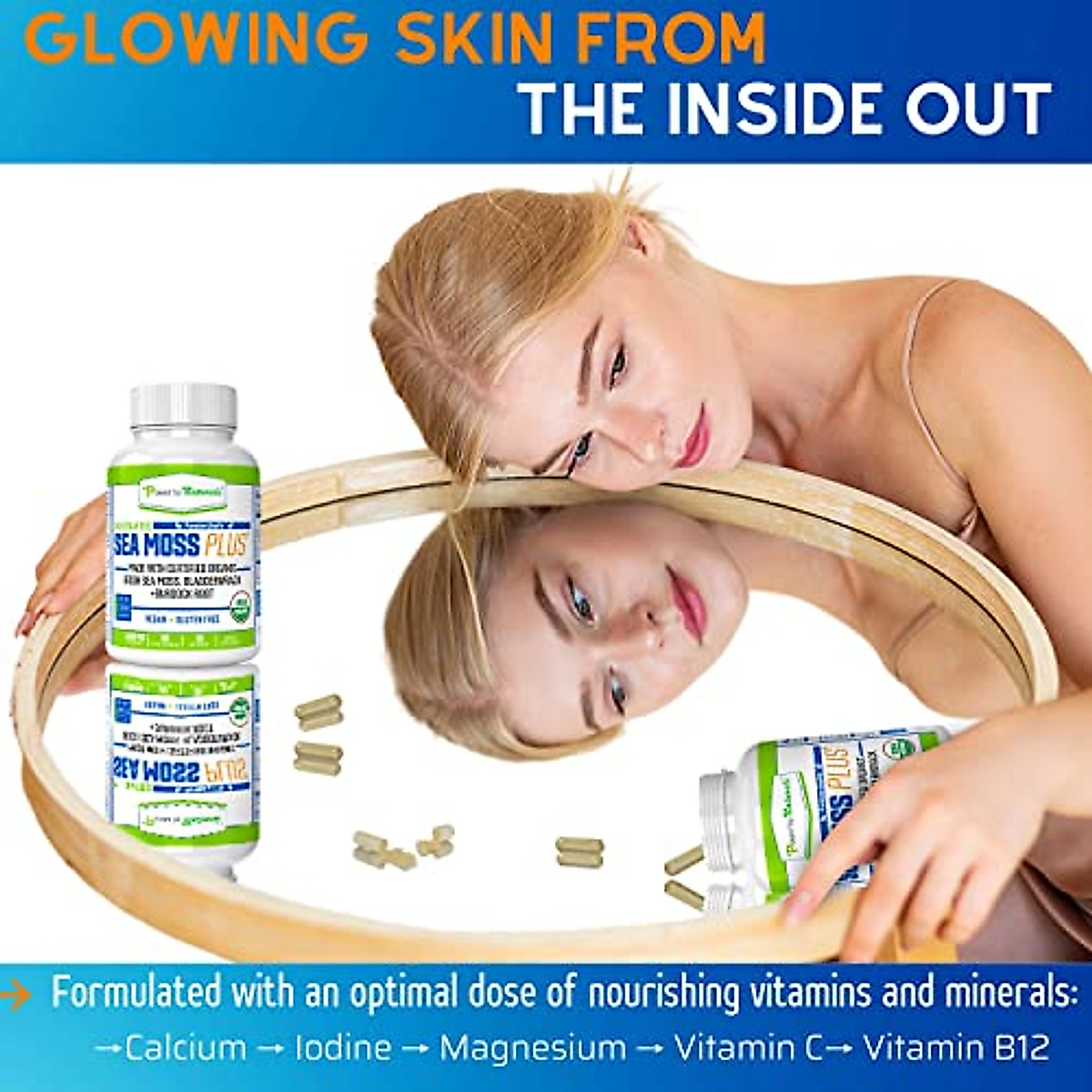 Power By Naturals USDA Organic Sea Moss Plus Bladderwrack and Burdock Root Capsules for Gut Health, Immune Support & Thyroid Supplement (Pure, No Fillers, Wildcrafted Irish SeaMoss Pills) 60Ct.