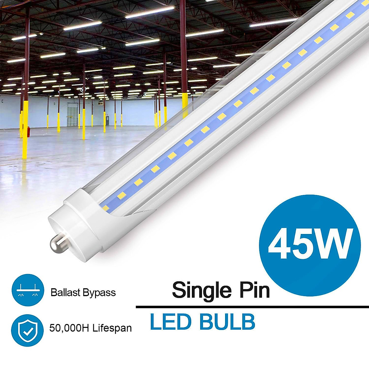 CNSUNWAY 8FT LED Bulbs, 45W 5400LM, 6000K Cool White, Clear Cover, FA8 Single Pin LED Tube Lights, Ballast Bypass, T8 T10 T12 Fluorescent Light Bulbs Replacement, ETL Listed - 25 Pack