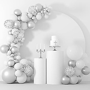 FEPITO 108 Pcs White Silver Balloon Garland Arch Kit 5 10 12 18 Inches Pastel White Silver Confetti Balloons for Birthday Wedding Bridal Showers Baby Shower Party Decorations