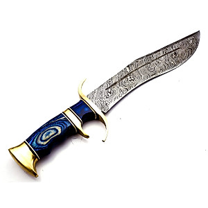 Skokie Knives Damascus Steel Kukari Knife With Blue Pakka Wood h & Brass Guard –15” Handmade Premium Quality Sharp Edge Fix Blade -Genuine Multipurpose Knife Ideal for Hunting, Camping (Kukri Blue)