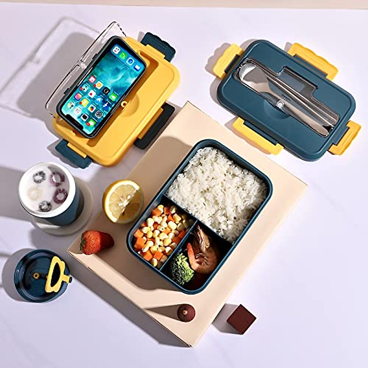 Jossens Bento Box Set,1100ML Leakproof Lunch Box Kit With Utensils,Breakfast Cup and Lunch Bag,3 Compartment Microwave Lunch Containers,BPA Free(Blue)