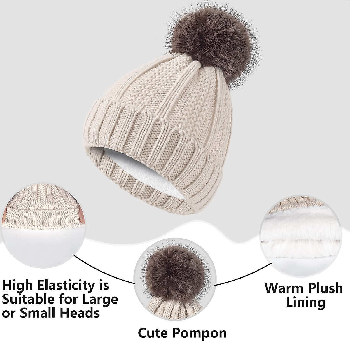 Women Winter Hat Gloves Scarf Set Beanie Knit Warm Neck Scarves Touchscreen Glove Fleece Lined Cold Weather 3 Pack Warmer Wool Cap with Pom Beige Woman Unisex Adult Ladies Para Mujer Gorros