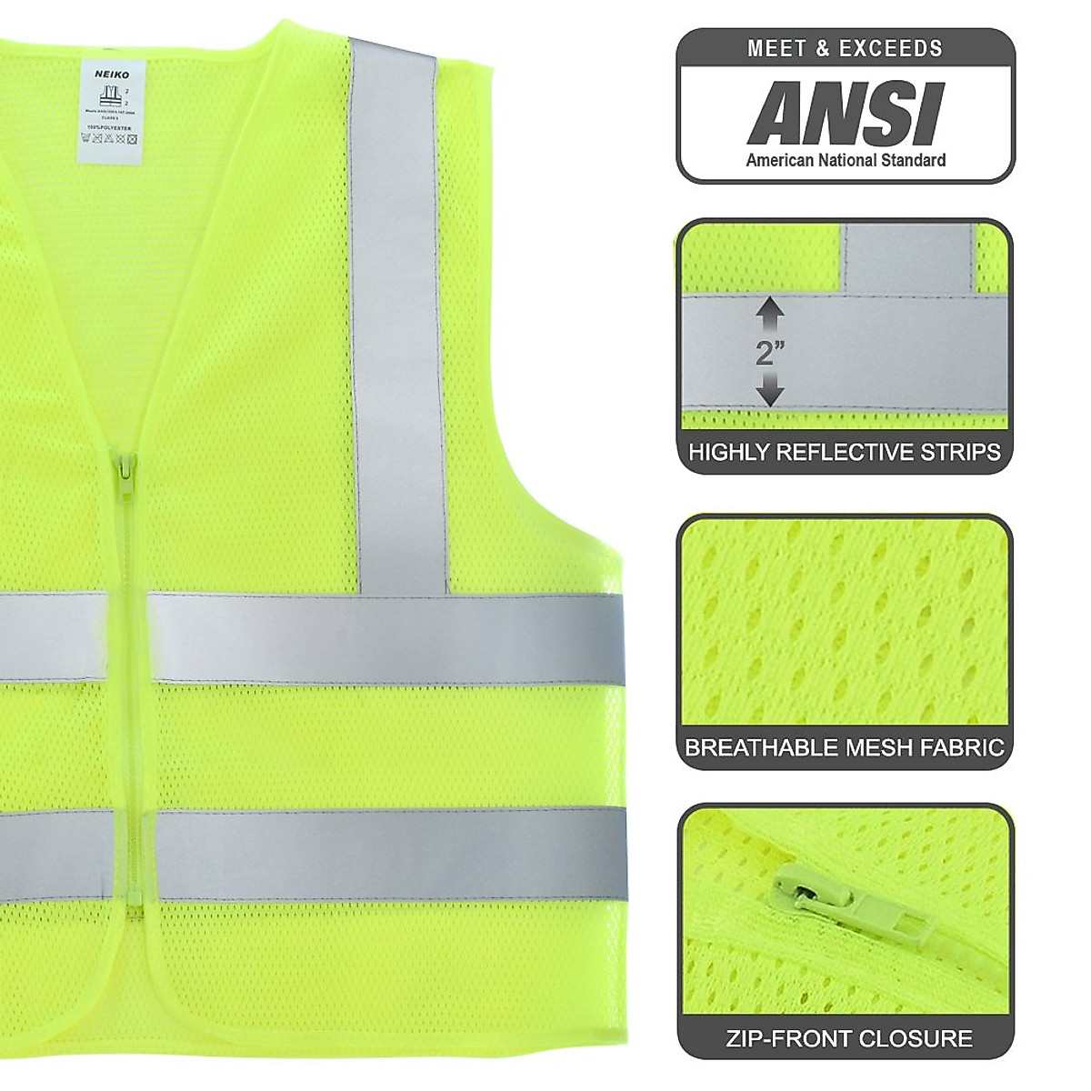 Neiko 53956A High-Visibility Safety Vest with Reflective Strips for Emergency, Construction, and Safety Use, Neon Yellow, Medium