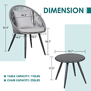 COBANA 3 Piece Patio Bistro Set, Outdoor Woven Rope Conversation Balcony Furniture Set with Glass Top Table and Cushioned Chairs for Garden, Backyard, Deck, Poolside, Gray