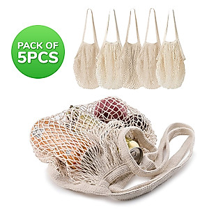 5 pack Cotton String Shopping Bags Reusable Washable Grocery Mesh Bags Organizer for Grocery Shopping Produce Net Bags with Longhandle for Fruit Vegetable Storage