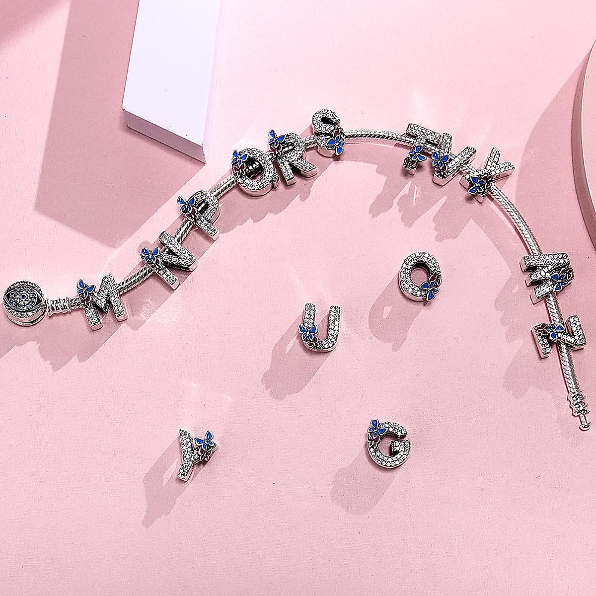Complete A~Z Alphabet Charm Letter Beads, Solid 925 Sterling Silver with Cubic Stones Flower Butterfly fits European Bracelets Necklace Women Jewelry Gift Options