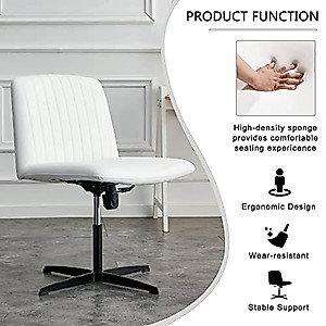 Swivel Armless Chair No Wheels,PU Leather Computer Chair,Height Adjustable 360°Swivel Office Chair with Black Foot and Padded Cushion,Study Desk Chair Makeup Chair for Living Room Office,White