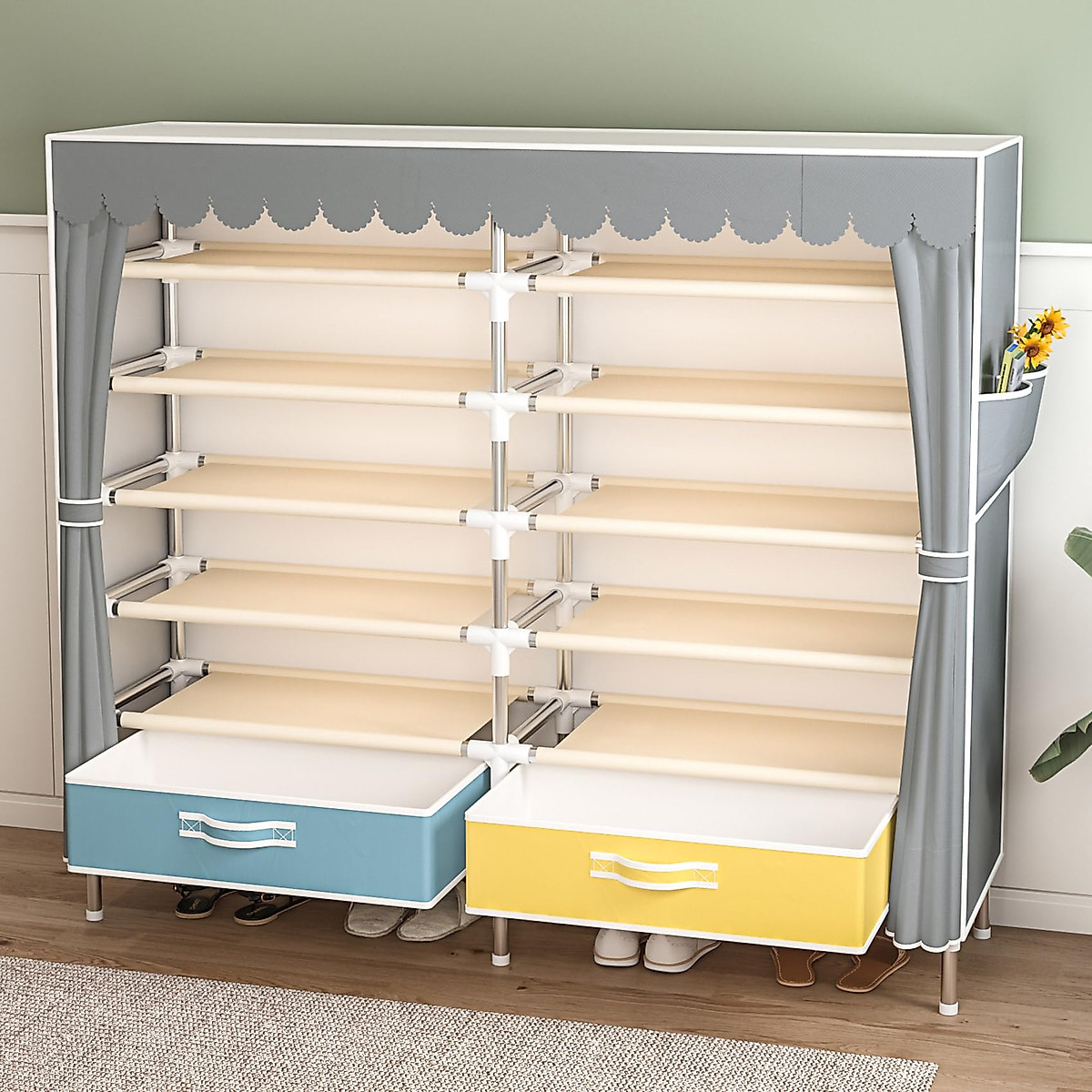 LEAIJIAFY Double Row 6 Tier Shoe Rack Storage Organizer with Cover and 2 Drawers,Portable Standing Shoe Shelf for Garage EntrywaySmall Spaces,16MM Metal Tubes,Gray