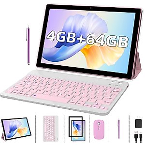 2 in 1 Tablet with Keyboard Case Mouse Stylus Pen Film, 10 inch Tablet Android 11.0 Tablets PC Set, 4GB RAM+64GB ROM Tableta Computer 10.1" IPS Screen 8MP Dual Camera WiFi BT Google Play Tab Pink/Girl