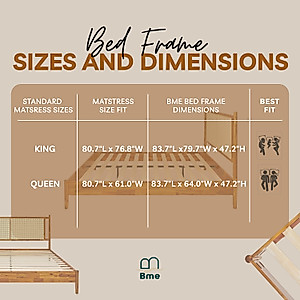 Bme Oliver King Bed Frame and Headboard - 15-Inch Signature Design with Rattan Headboard, Bohemian and Mid Century Style, 12-Slat Wood Support, No Box Spring Needed - Easy Assembly, Caramel