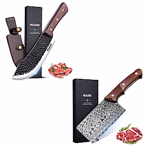 Huusk Meat Cleaver Knife Japanese Butcher Knife for Meat Cutting Vegetable Cleavers with Ergonomic Handle Chopping Knives for Kitchen Hand Forged Meat Knife Kitchen Chef Knives for Home Outdoor BBQ