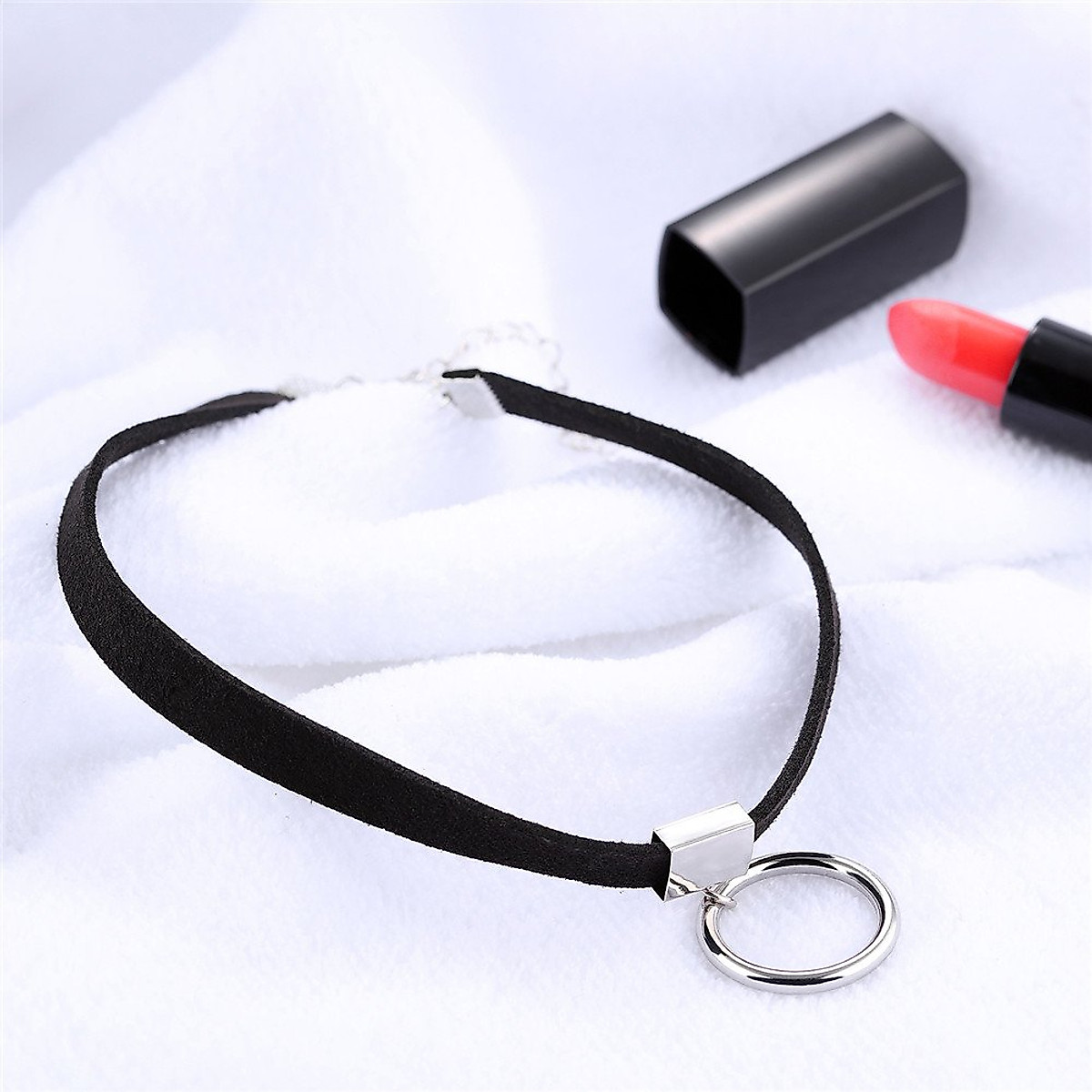 PAURO Women's Plain Black Velvet Ribbon Choker Stretch Necklace for Silver O Ring Charm