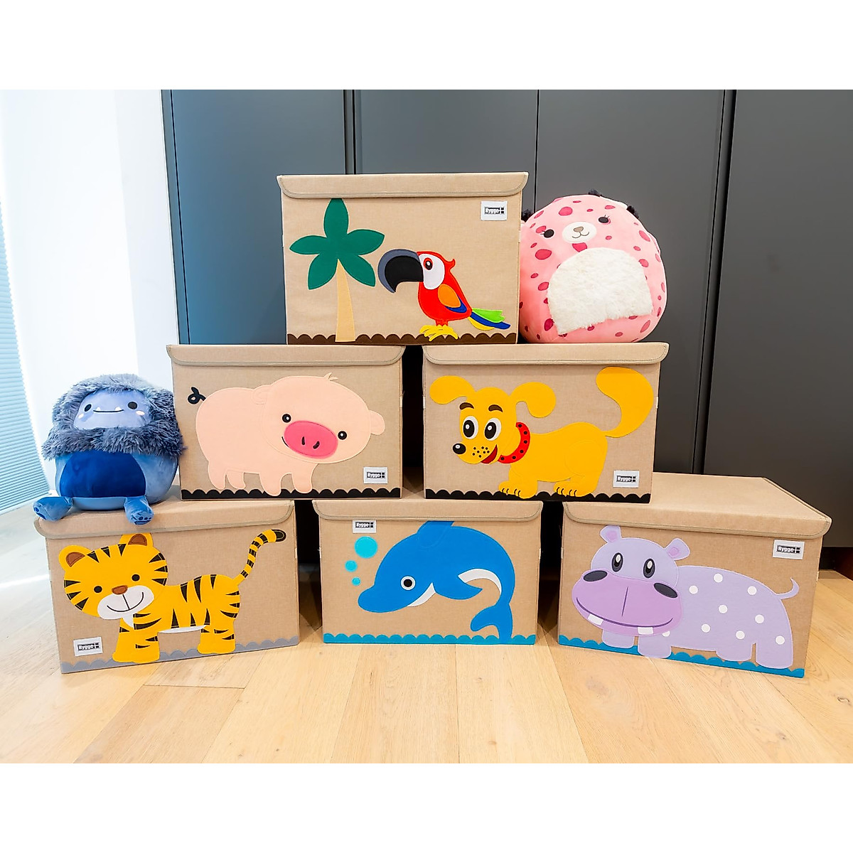 HYGGE + Animial Toy Storage Bin with Lid 20.8" x 13" x 13" Durable fabric & lightweight design. Great for storing toys, books, linens, games, clothing, baby products & more! (Safari Pack)