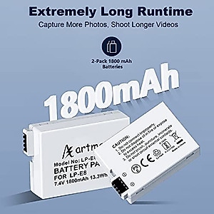 Artman Upgraded LP-E8 Battery and Dual LCD Charger Kit for Canon EOS Rebel T2i, T3i, T4i, T5i, Kiss X5, X4,X6,X6i, X7i,550D, 600D, 650D, 700D, LC-E8E Cameras &More 2-Pack 1800mAh (Not for T2 T3 T4 T5)
