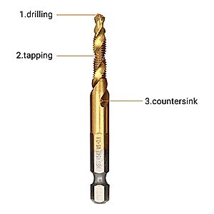 6pcs 1/4" Hex Metric Drill Tap Bit Set, Coated Thread Tap Screw Tapping Drill Bits, High Speed Steel, for Drilling, Tapping, Countersinking, M3, M4, M5, M6, M8, M10