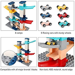 Aomola Car Ramp Toy with Classic Big Building Blocks,Creative DIY Building Bricks Compatible with All Major Brands,Car Ramp Racer for Toddlers with 6 Mini Cars,Storage Box & Base Plate