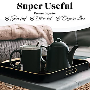 American Atelier Black Serving Tray with Gold Trimming | Square Serving Tray with Handles | Trays for Serving Food, Coffee, Tea, and More | Classic Coffee Table Tray in Black