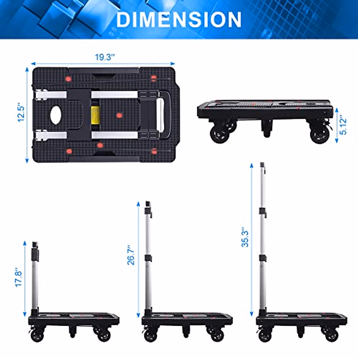 Folding Hand Truck, 330 Lbs Foldable Hand Truck Dolly Cart Heavy Duty Collapsible Trolley Portable Platform Luggage Cart with 5 Wheels & 2 Elastic Ropes for Moving, Shopping, Travel, Home, Office Use
