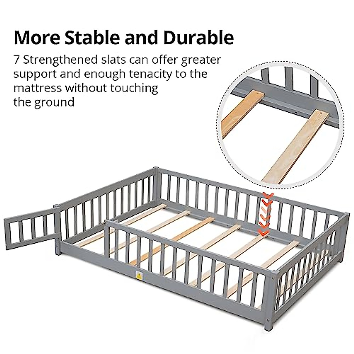 LLS Full Floor Bed for Children, Durable Montessori Floor Bed with Wood Slats, Safety Fence & Small Door, Wood Floor Bed Frame for Girls Boys and Children, Gray (with Bed Slats)