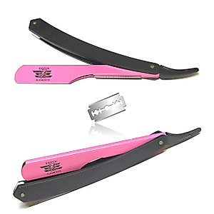 Pink and Black Barbershop Professional and Personal Straight Edge Razor Hair Shaving Double Edge Blade – Unisex All Purpose Folding Shaving Razor in Lightweight Steel