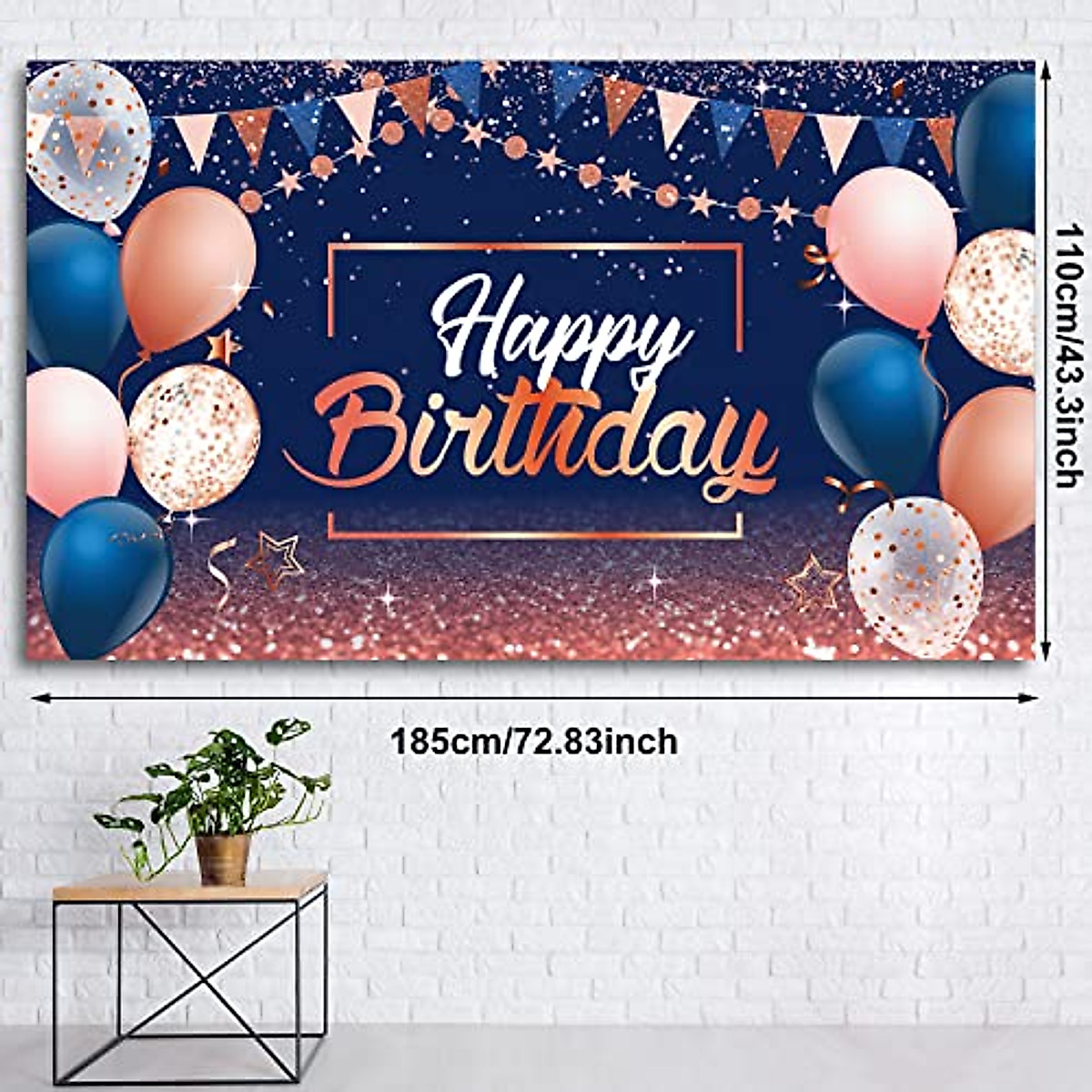 Happy Birthday Decorations Backdrop, Glitter Birthday Backdrop Sign, Happy Birthday Banner, Birthday Party Supplies Photo Background for Children Men Women, 72.8 x 43.3 Inch (Rose Gold and Navy Blue)