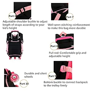 Bowknot Kids Rolling School Backpack 2Pcs Polka Dot Princess Style Trolley Bookbag on Two Wheels