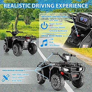 Hikole 12V Kids Ride On Electric ATV, 4 Wheeler Quad Car for Girls Boys w/LED Lights, Music, High/Low Speed,Treaded Tires, 4 Wheeler for Kids(Black)