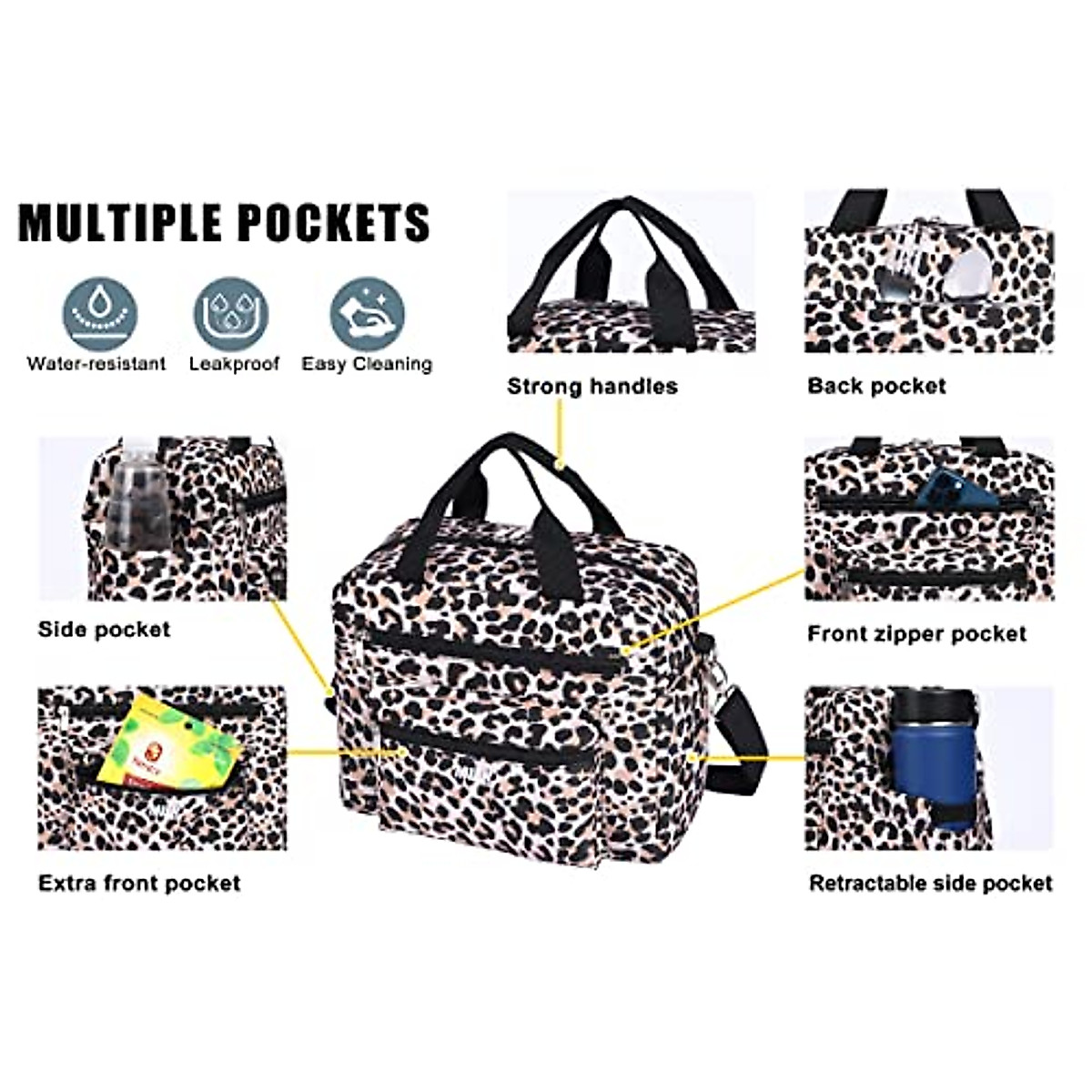 MIER Leopard Lunch Bag for Womens Ladies-Insulated Adult Lunch Box Stylish Cute Lunch Totes with Shoulder Strap Portable Fashion Lunch Cooler Bag