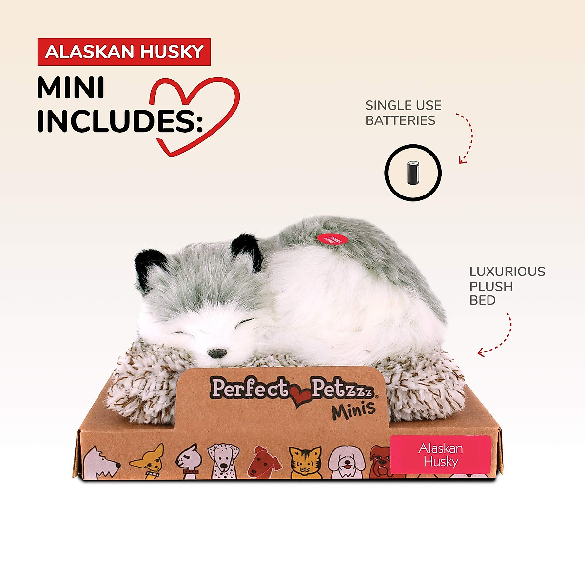 Perfect Petzzz Minis Alaskan Husky, Realistic, Lifelike Stuffed Interactive Plush Toy, Electronic Pets, Companion Pet Puppy with 100% Synthetic Fur