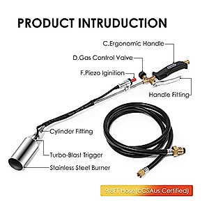 Propane Torch Weed Burner Propane Weed Torch with Turbo Trigger Push Button Igniter,Blow Torch High Output 800,000 BTU Heavy Duty Flamethrower with 9.8FT Hose for Garden Weeds,Ice Snow,Roof,Charcoal
