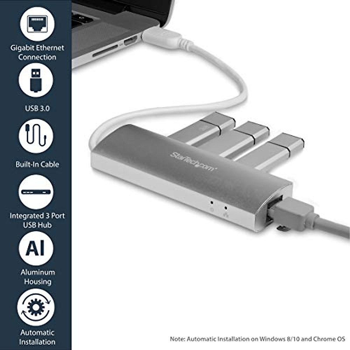 StarTech.com 3-Port USB Hub with Ethernet, 3x USB-A Ports, Gigabit Ethernet, USB 3.2 5Gbps, Bus-Powered, Portable Laptop Hub