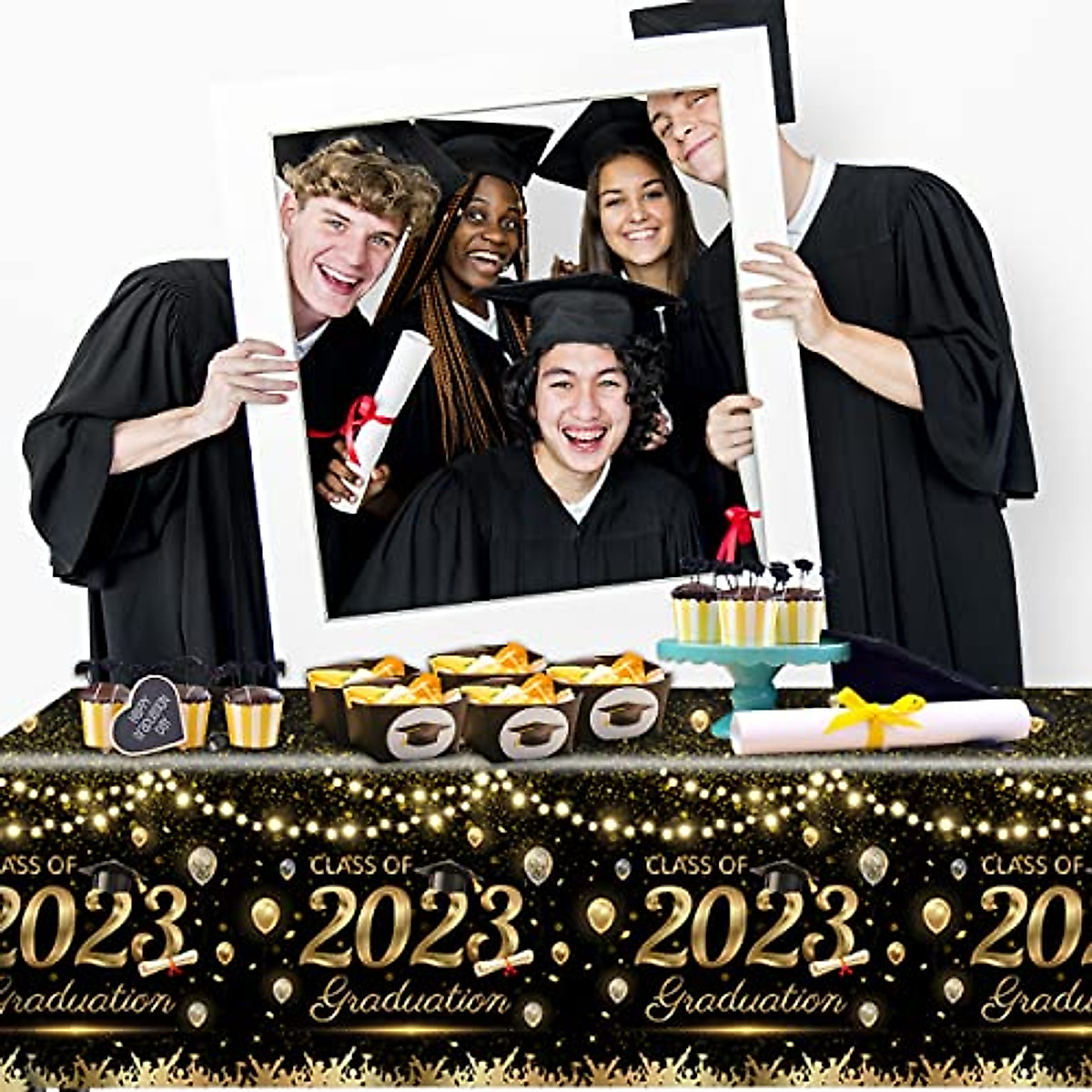 HAKOTI Graduation Party Decoration Black Gold Graduation Tablecloth Disposable Rectangular Table Cover for 2023 Graduation Decoration,Dinner Decoration,2023 Graduation Party Supplies (Black and Gold)