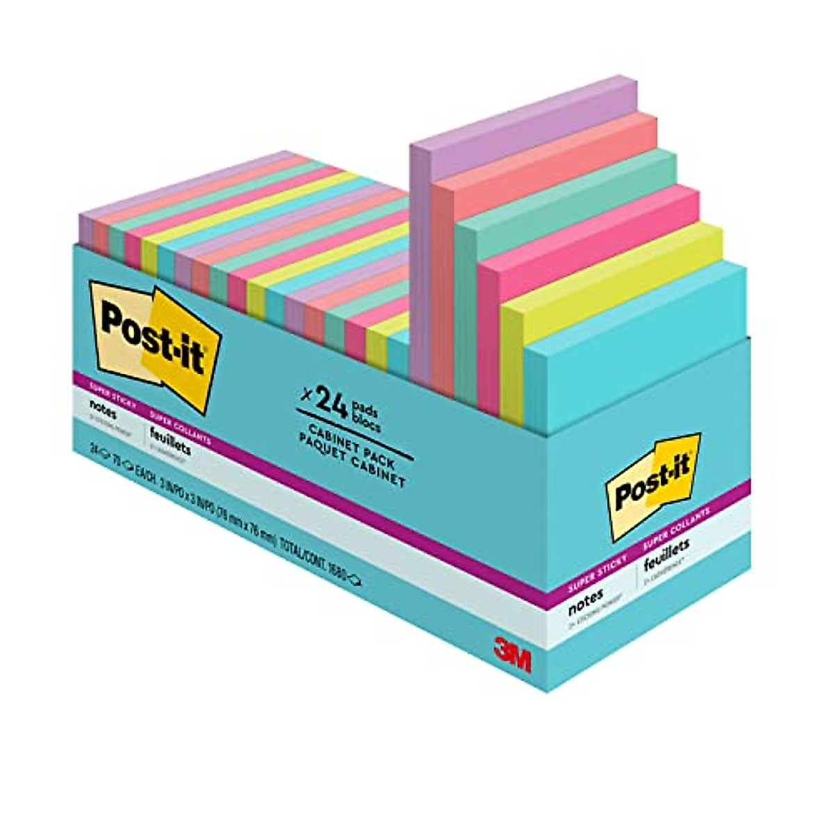 Post-it Super Sticky Notes, 3 in x 3 in, 24 Pads, 2x the Sticking Power, Miami Collection, Neon Colors (Orange, Pink, Blue, Green), Recyclable(654-24SSMIA-CP)