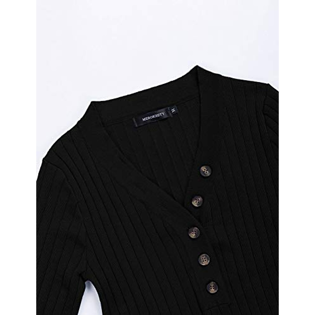 MEROKEETY Women's Long Sleeve V Neck Ribbed Button Knit Sweater Solid Color Tops Black