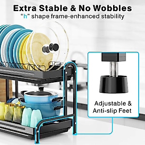 GSlife Dish Drying Rack, Metal 2 Tier Dish Rack Rust-Resistant Dish Drainer with Utensil Holder, Cutting Board Holder Set for Kitchen Counter, Black