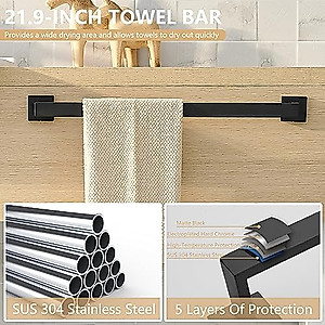 BATHLAVISH Matte Black Bathroom Accessories Set Hardware 5-Piece Towel Bar Holder Sets Hand Towel Rack Holder and 2 Towel Hooks, Stainless Steel Wall Mounted