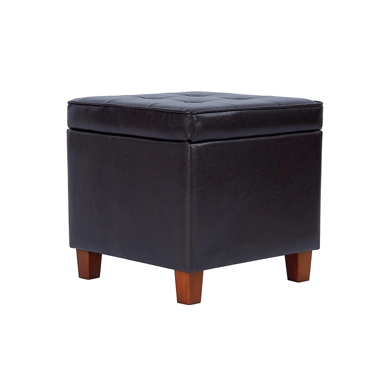 HomePop Leatherette Tufted Square Storage Ottoman with Hinged Lid, Brown
