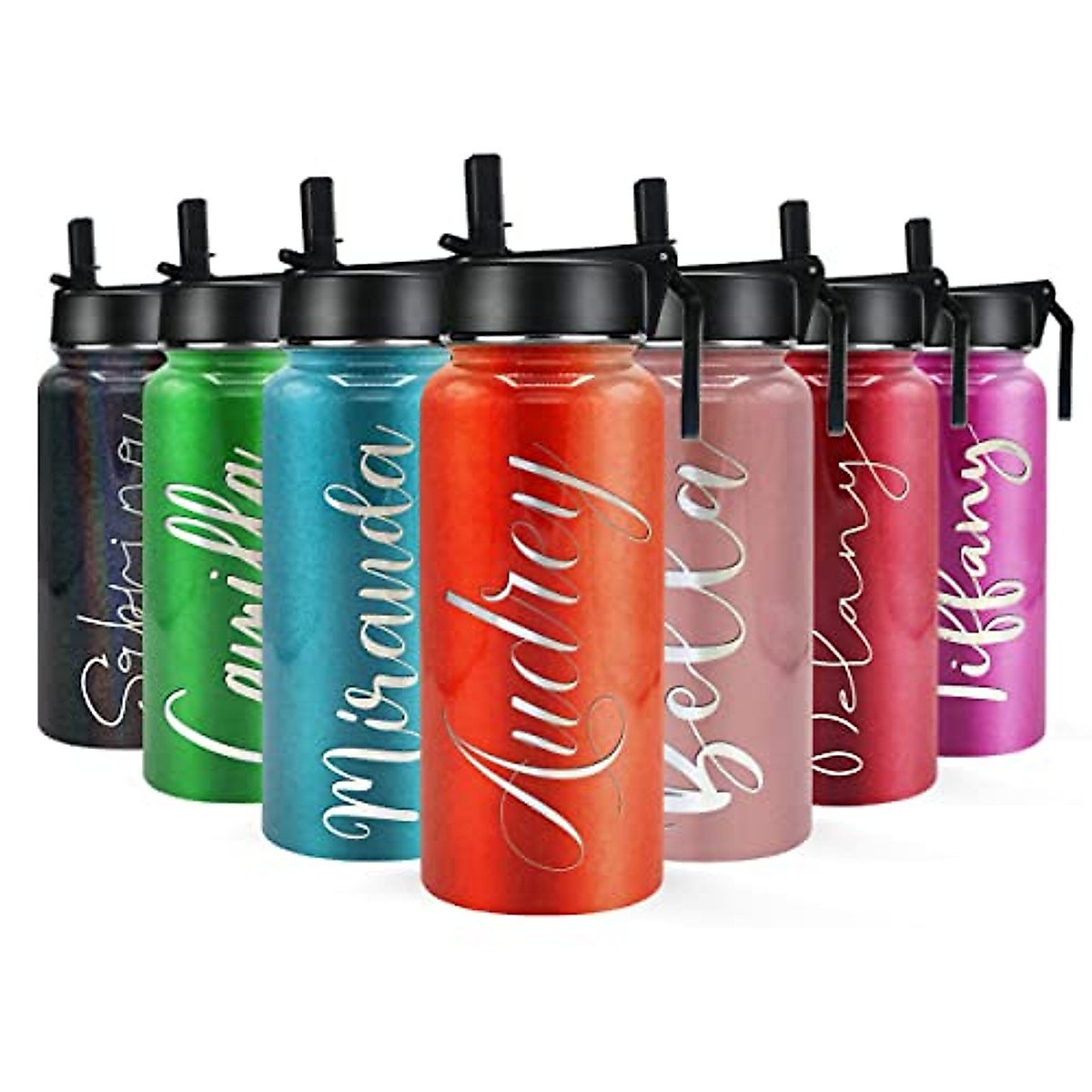 Personalized Water Bottle with Straw Lid on Orange Glitter for Gym Engraved Custom Women Name 32 oz Modern Insulated Stainless